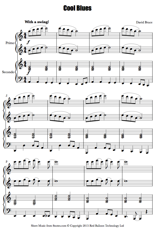 David Bruce - Cool Blues sheet music for Piano Duet - 8notes.com
