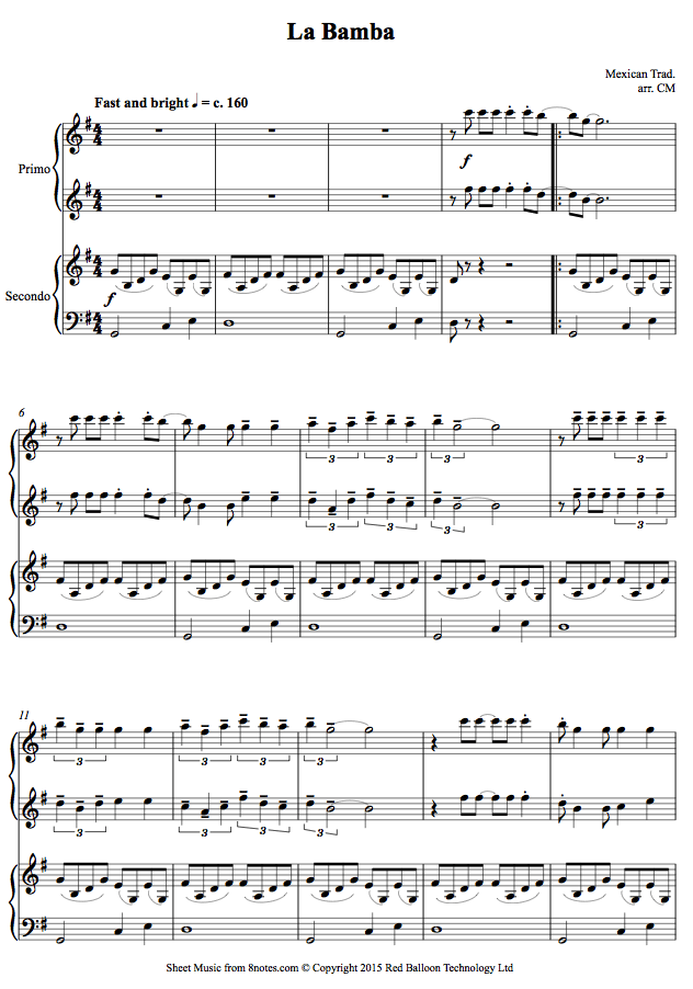 La bamba sheet music for Piano Duet - 8notes.com