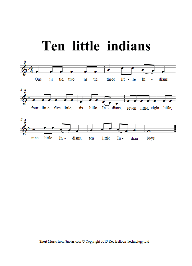 Ten Little Indians sheet music for Recorder - 8notes.com