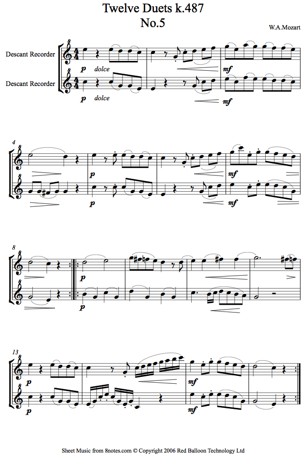Mozart - Twelve Duets k.487 No.5 sheet music for Recorder Duet - 8notes.com