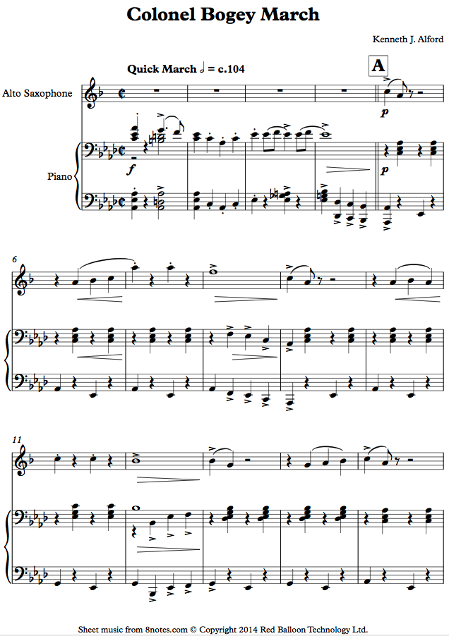 Alford - Colonel Bogey March sheet music for Saxophone - 8notes.com