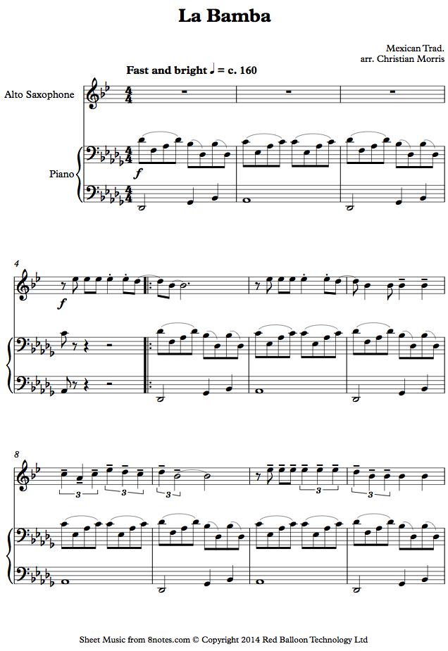 La Bamba sheet music for Saxophone - 8notes.com