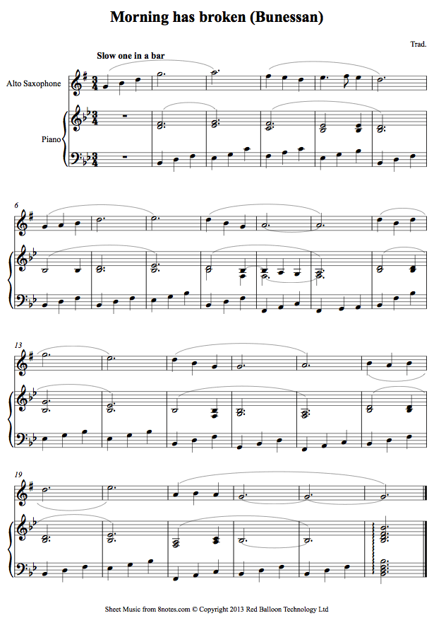 Morning has Broken (Bunessan) sheet music for Saxophone - 8notes.com
