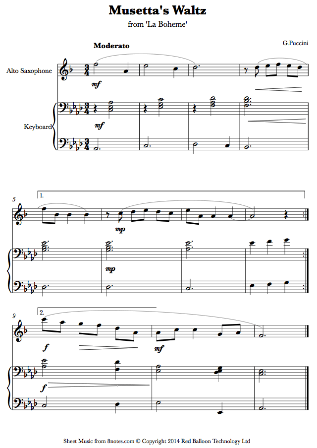Puccini - Musetta's Waltz from 'La Boheme' sheet music for Saxophone ...