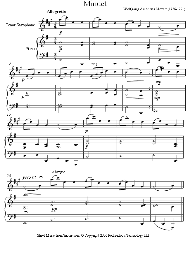 Mozart - Minuet sheet music for Tenor Saxophone - 8notes.com