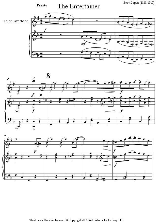 Scott Joplin - The Entertainer sheet music for Tenor Saxophone - 8notes.com