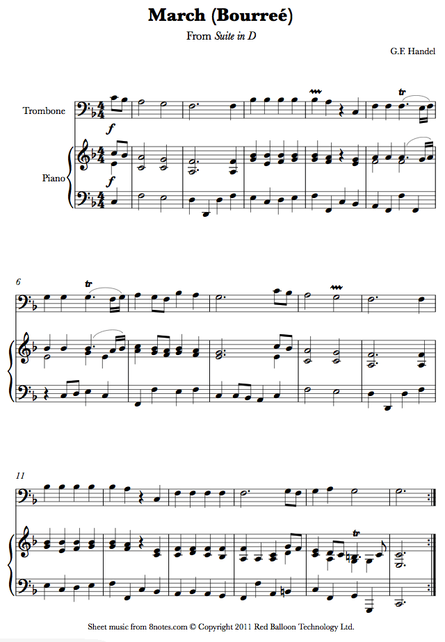 Handel - March -Bourree From Suite in D sheet music for Trombone ...