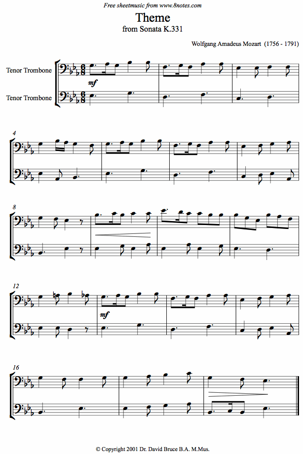 Mozart - Theme from sonata k.331 sheet music for Trombone Duet - 8notes.com