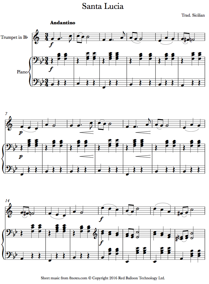 Santa Lucia sheet music for Trumpet - 8notes.com