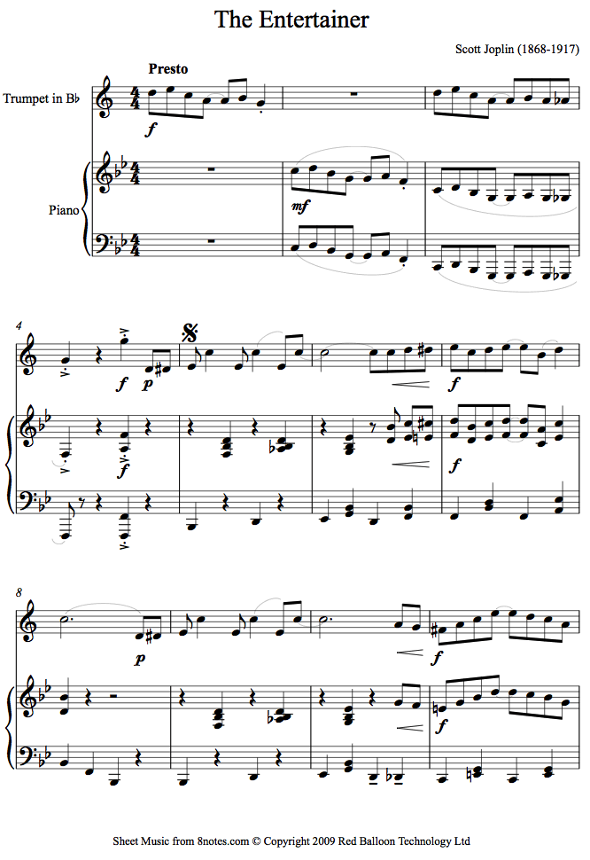 Scott Joplin - The Entertainer sheet music for Trumpet - 8notes.com