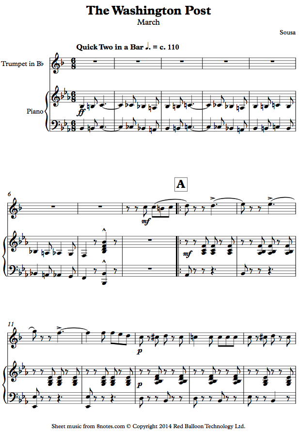 Sousa - The Washington Post March sheet music for Trumpet - 8notes.com