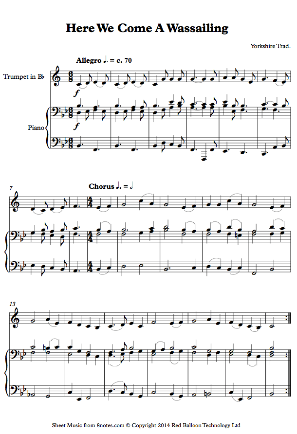 Here We Come A Wassailing (Traditional Yorkshire) sheet music for ...