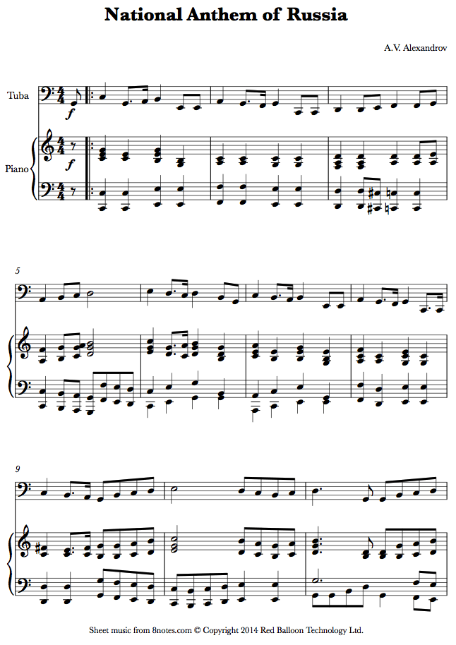 National Anthem of Russia (Alexandrov) sheet music for Tuba - 8notes.com