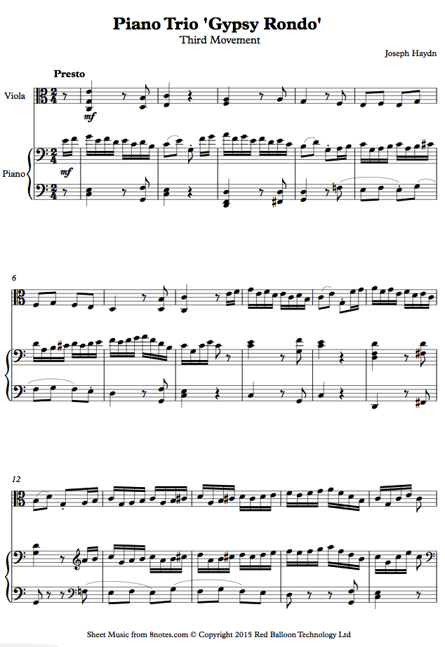 Haydn - Piano Trio 'Gypsy Rondo' 3rd mvt sheet music for Viola - 8notes.com