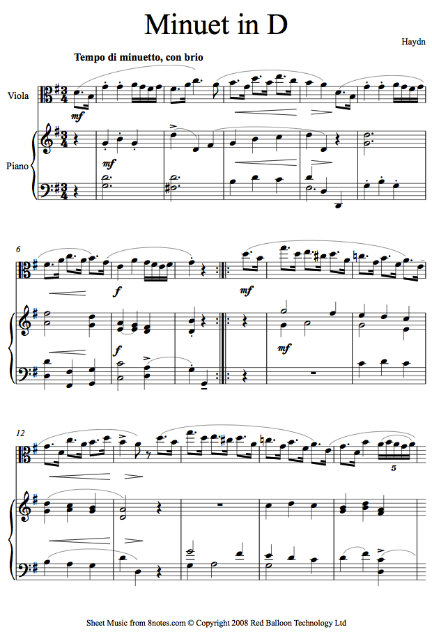 Haydn - Minuet in D sheet music for Viola - 8notes.com