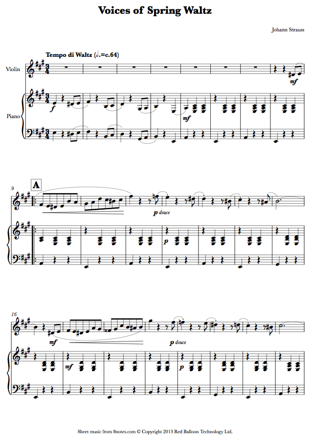 Strauss II - Voices of Spring Waltz sheet music for Violin - 8notes.com