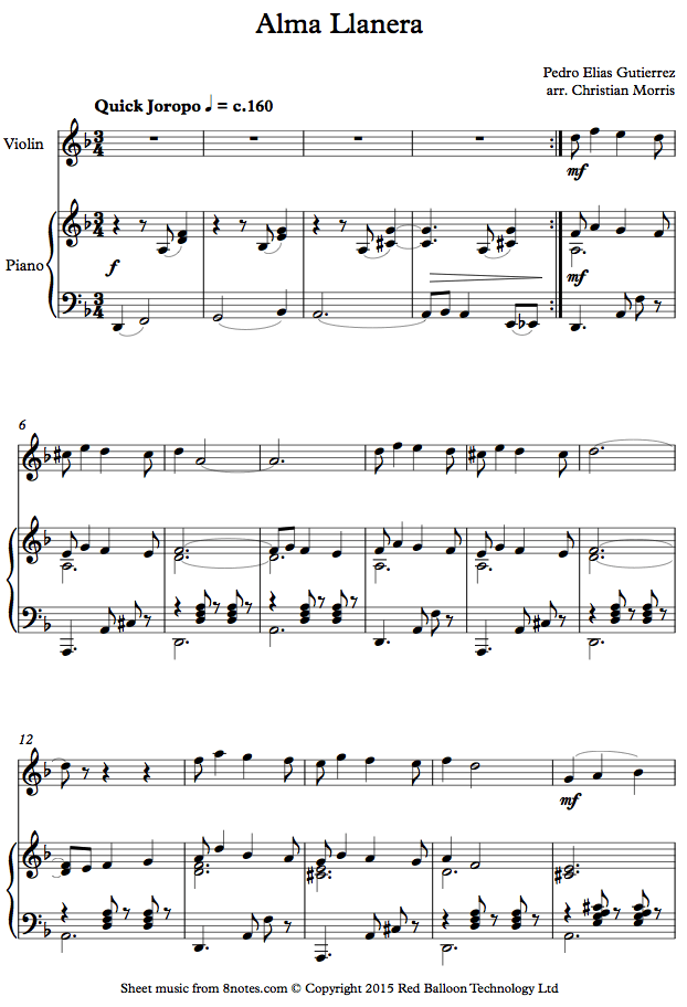 Pedro Elias Gutierrez - Alma Llanera sheet music for Violin - 8notes.com