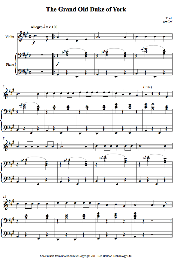 The Grand Old Duke of York sheet music for Violin - 8notes.com