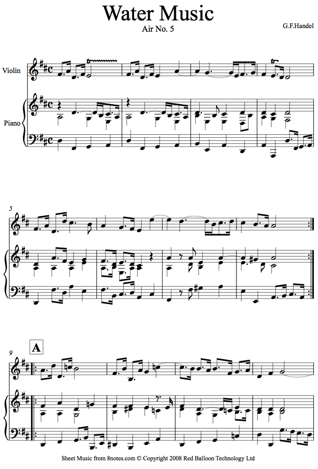 Handel - Water Music (Air No.5) sheet music for Violin - 8notes.com