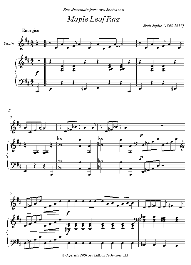 Scott Joplin - Maple Leaf Rag sheet music for Violin - 8notes.com