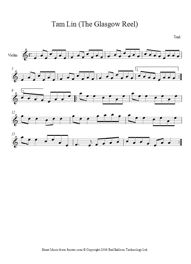 Tam Lin (The Glasgow Reel) sheet music for Violin - 8notes.com
