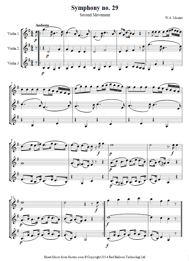 Mozart - Theme from Symphony no. 29 2nd movement sheet music for Violin ...